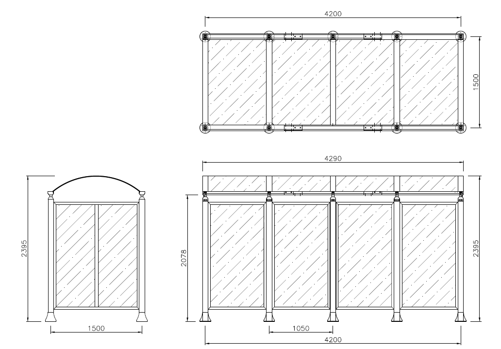 Transit Bus shelter 4 modules with side walls - Fly srl